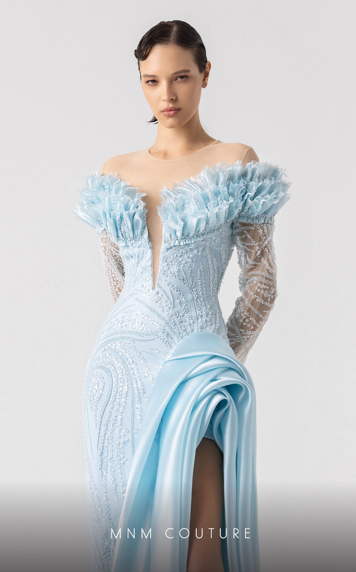 Shop MNM Couture G1915 Ice Blue Embellished Lace Gown – CoutureShopLA