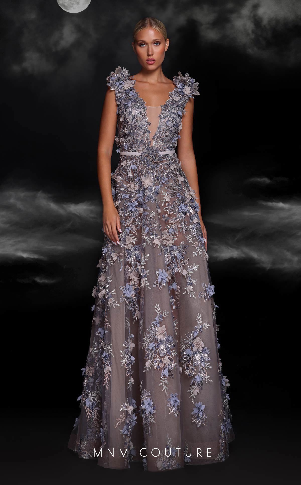 Shop Now: MNM Couture K4106 - Floral A-Line Gown with Plunging V-Neck ...